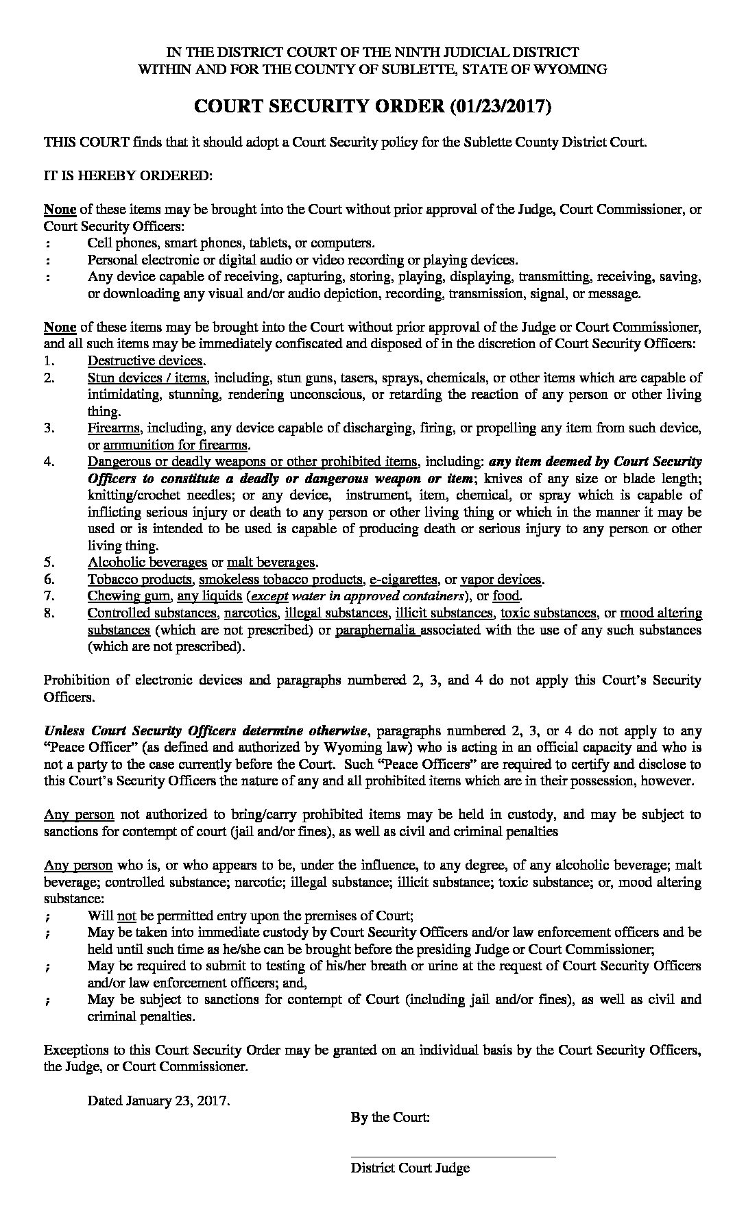 Amended Court Security Order – Wyoming State Bar