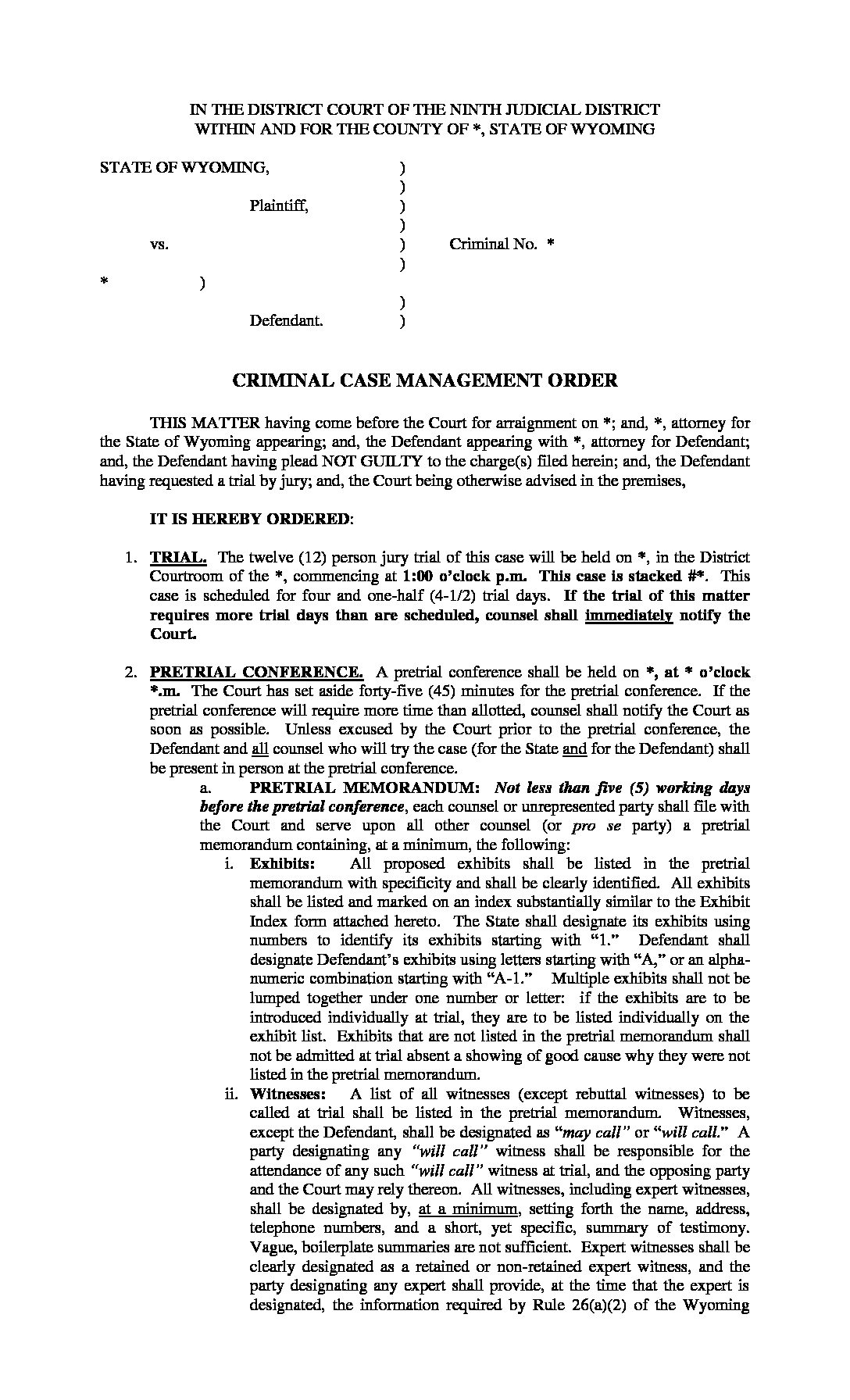 Criminal Case Management Order – Wyoming State Bar