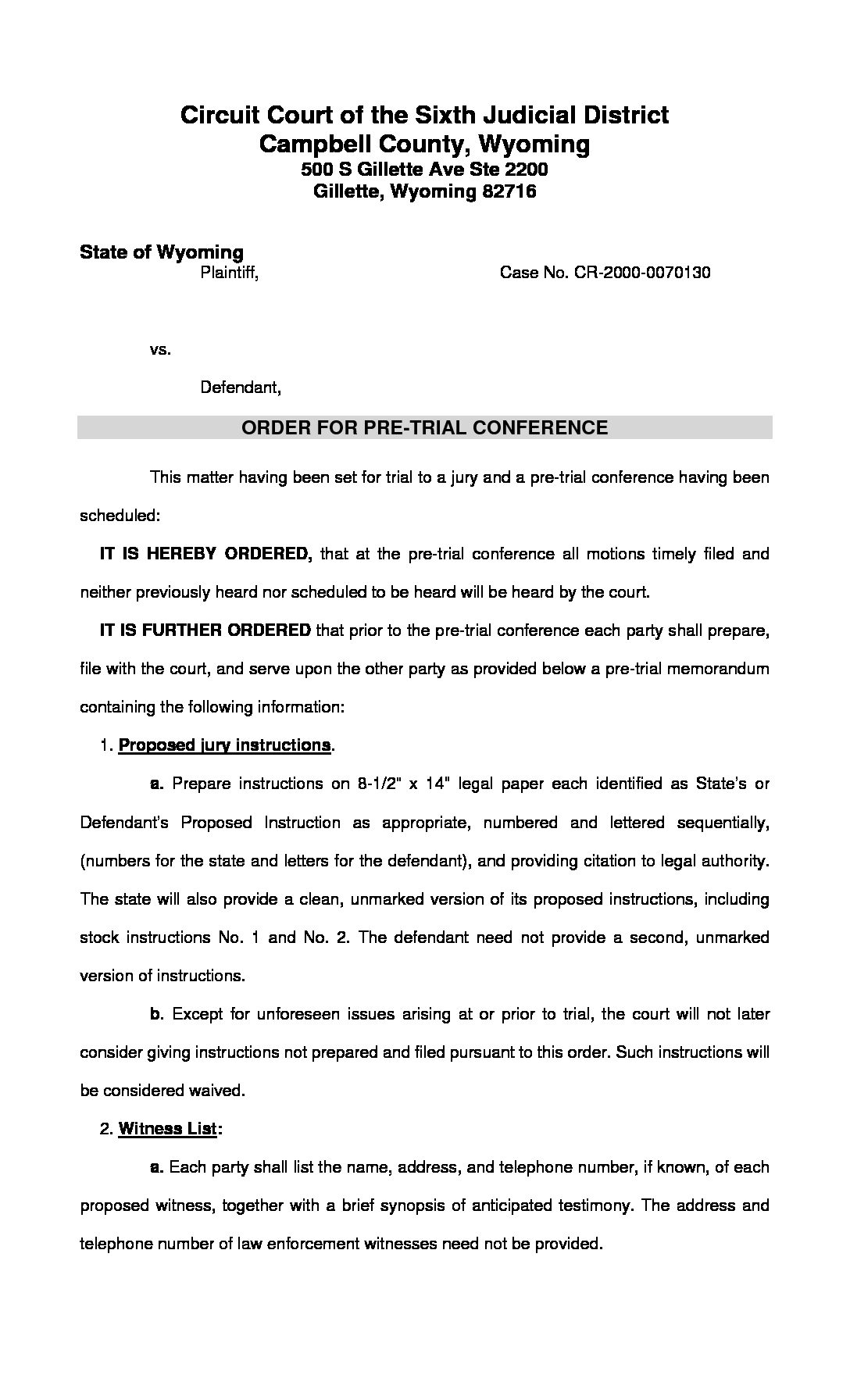 Pretrial Order – Wyoming State Bar